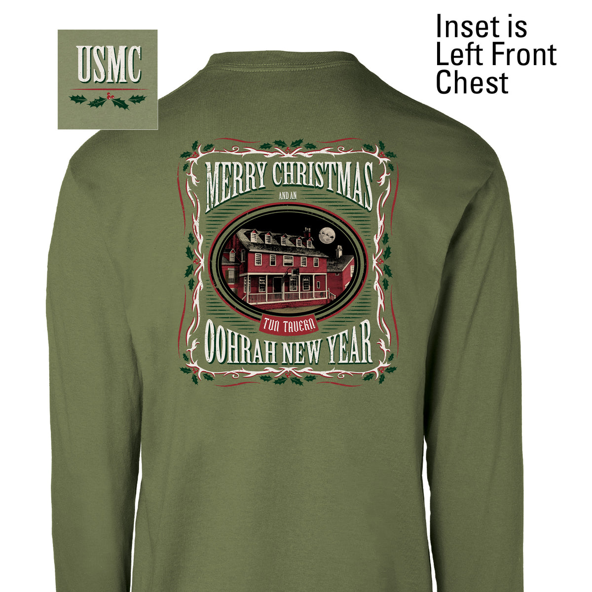 USMC Tun Tavern Christmas Long Sleeve T-Shirt Back Design- OD Green ...